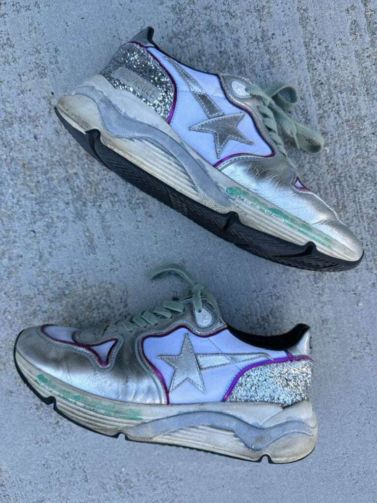 Golden Goose Silver Running Sole Sneakers with Glitter and Golden Goose Silver Running Sole Sneakers with Glitter and