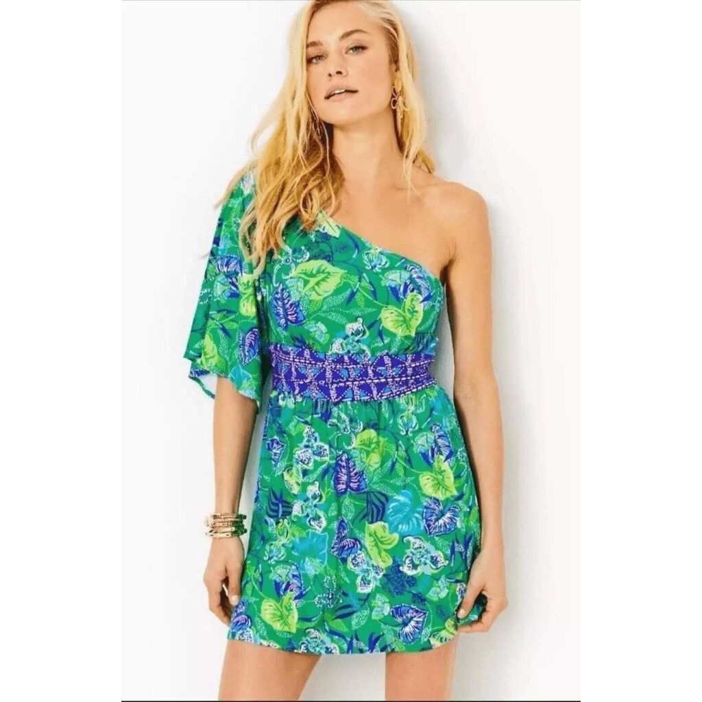 Lilly Pulitzer Niki One-Shoulder Romper in Botanical Green In A Flutte ...
